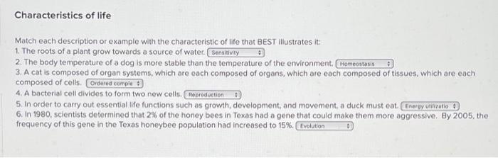 Solved Characteristics of life Match each description or | Chegg.com