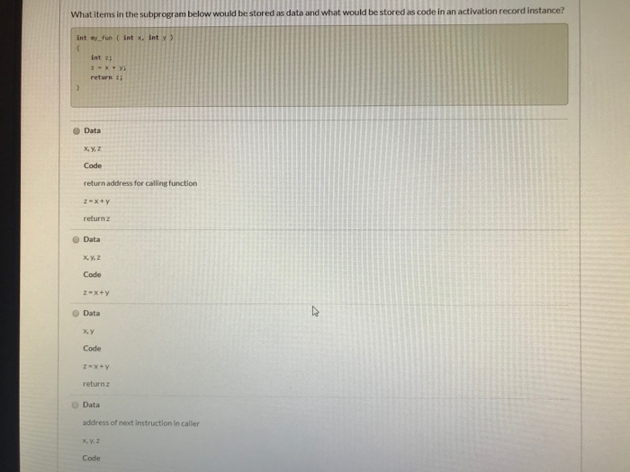 Solved What items in the subprogram below would be stored as | Chegg.com