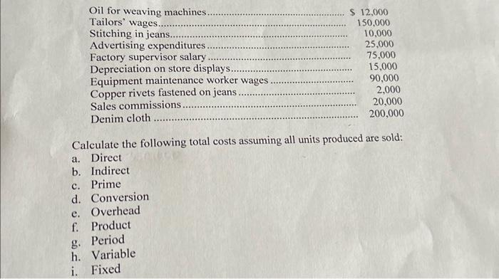 Solved Calculate the following total costs assuming all | Chegg.com