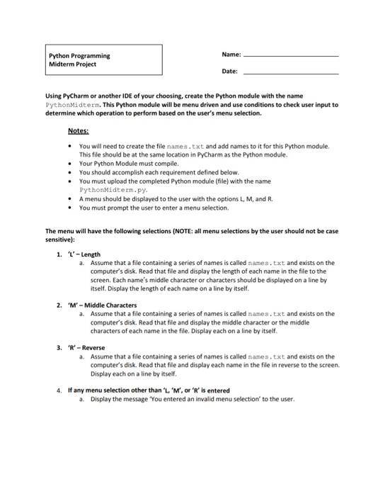 Solved Name Python Programming Midterm Project Date Using