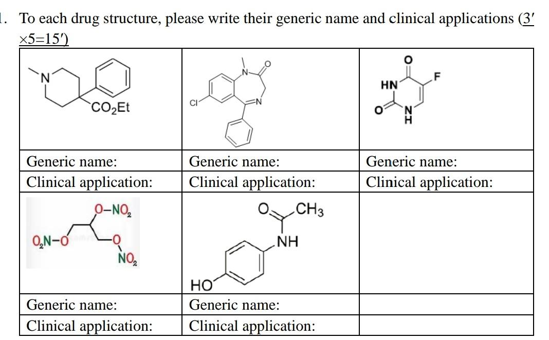 Solved 1. To each drug structure, please write their generic | Chegg.com