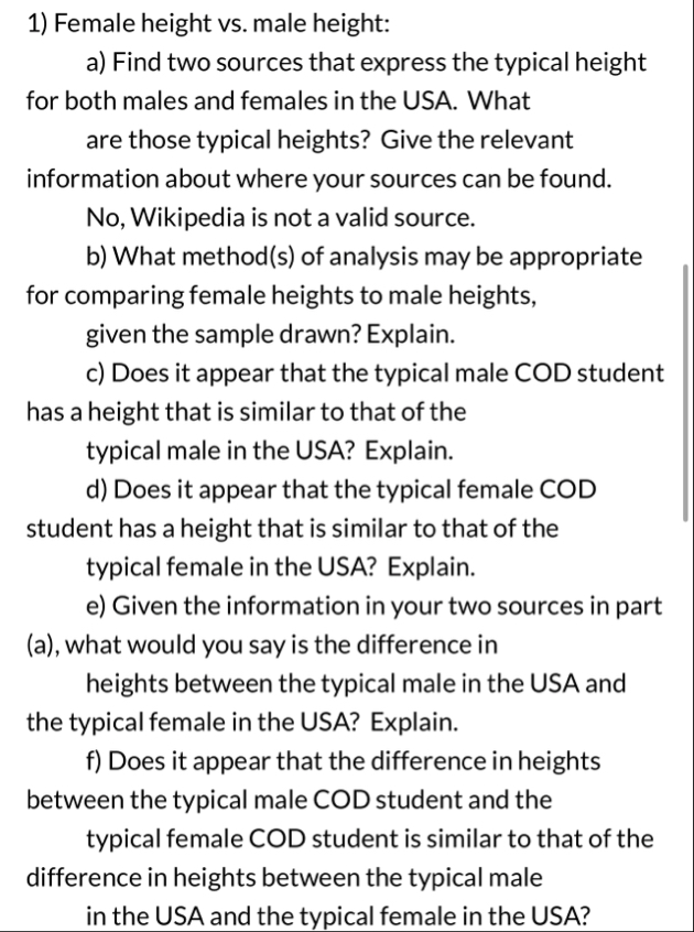 Solved Female height vs. ﻿male height:a) ﻿Find two sources | Chegg.com