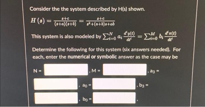 Solved Consider the the system described by H(s) shown. s+c | Chegg.com