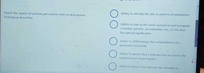 Solved Match the aspect of sensory perception with its | Chegg.com