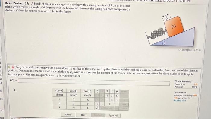 Solved (6\%) Problem 13: A block of mass m rests against a | Chegg.com