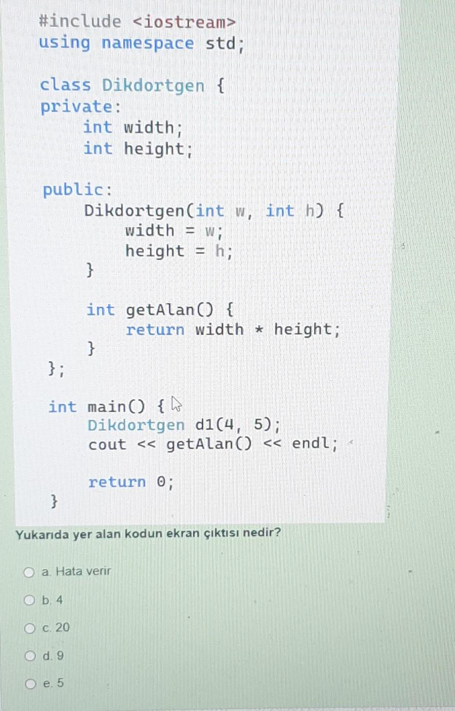 Solved \#include using namespace std; class Dikdortgen \{ | Chegg.com