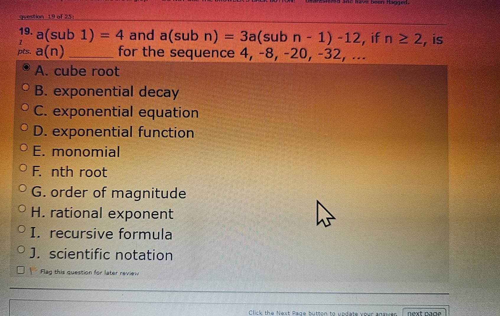 Solved 19. a(sub 1) = 4 and a(sub n) = 3a(sub n - 1) -12, if | Chegg.com