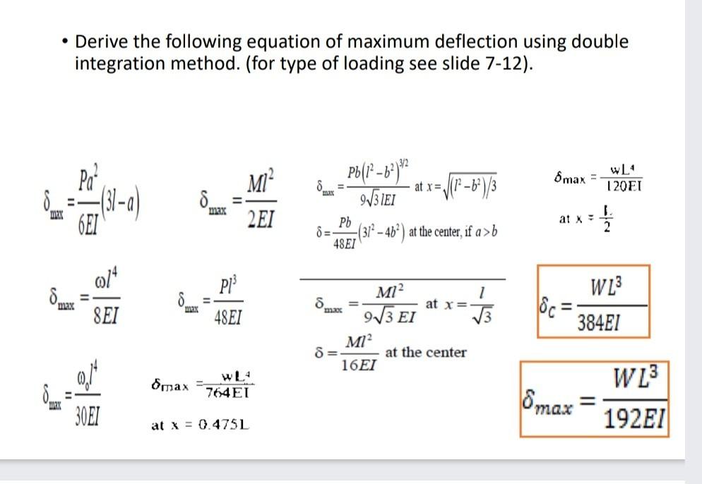 Solved • Derive the following equation of maximum deflection | Chegg.com