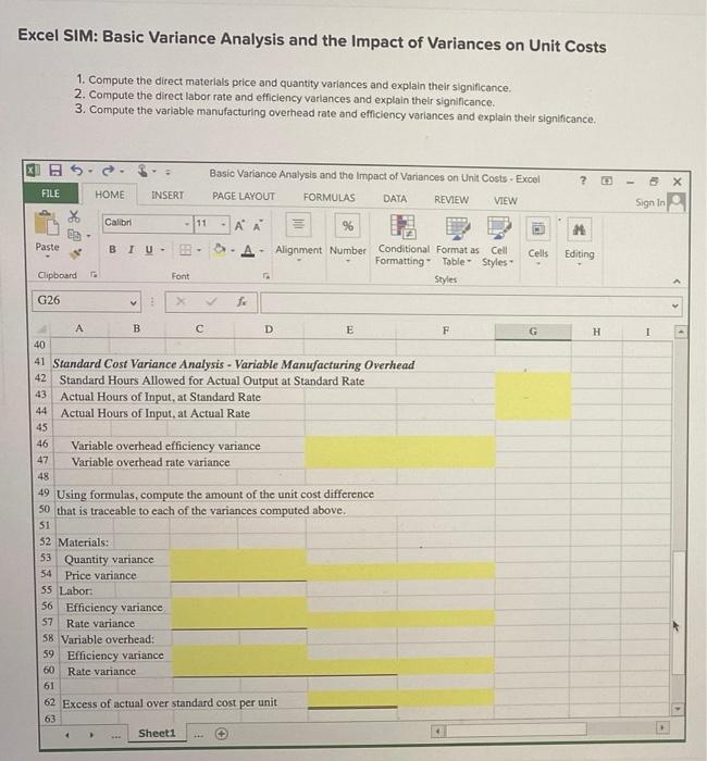 Solved Excel SIM: Basic Variance Analysis and the Impact of | Chegg.com