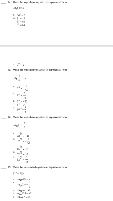 Solved 14. Write the logarithmic equation in exponential | Chegg.com