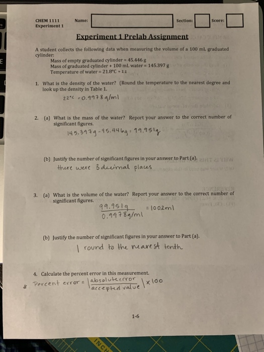 Solved E CHEM 1111 Name: Section: Scores Experiment 1 | Chegg.com