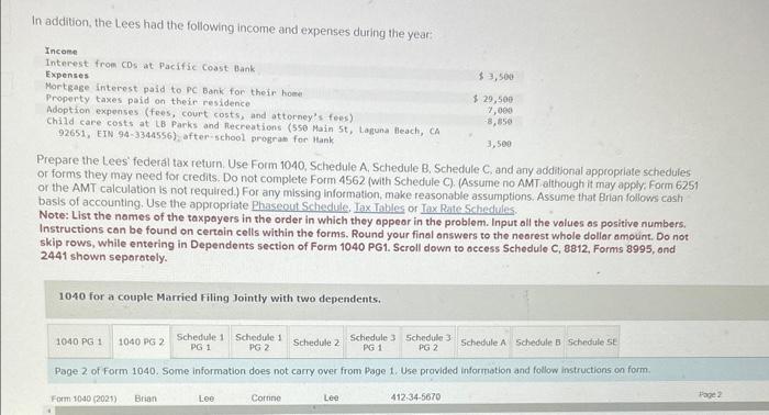 Brian and Corrine Lee are manled taxpayers filing | Chegg.com