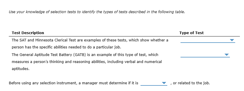 Solved Use your knowledge of selection tests to identify the | Chegg.com