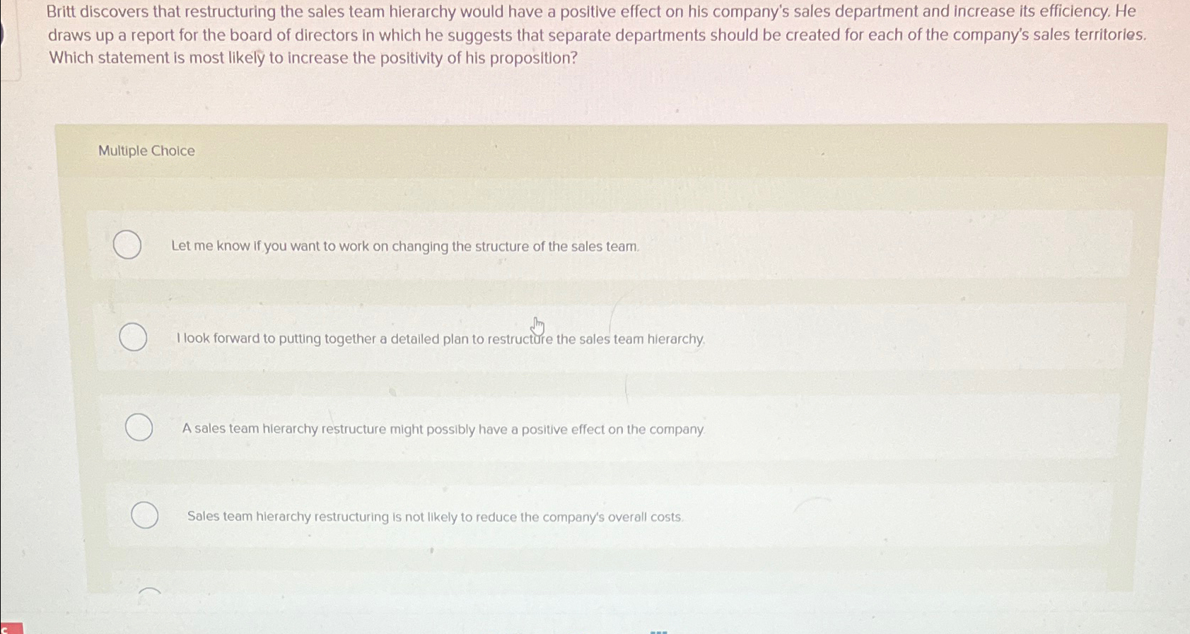 Solved Britt discovers that restructuring the sales team | Chegg.com