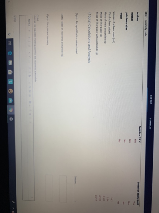Solved REPORT SUMMARY Table 1. Solubility tests acetone | Chegg.com