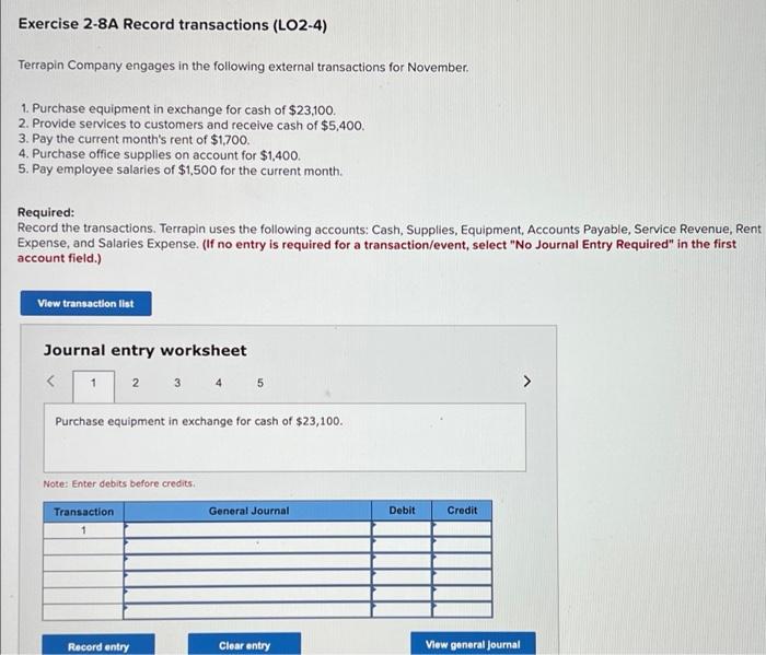 Solved Exercise 2-8A Record transactions (L02-4) Terrapin | Chegg.com
