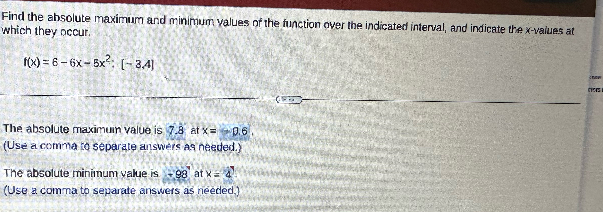 Solved Find the absolute maximum and minimum values of the | Chegg.com