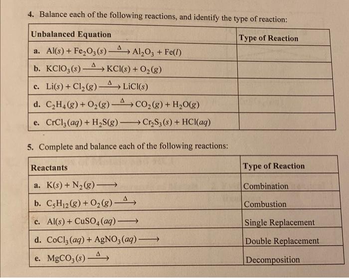 Solved 4. Balance each of the following reactions, and | Chegg.com