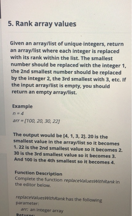 Solved 5. Rank array values Given an array/list of unique | Chegg.com