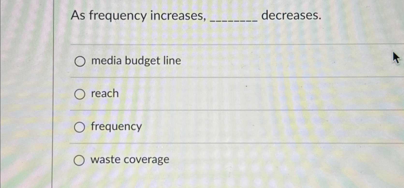 Solved As frequency increases, decreases.media budget | Chegg.com