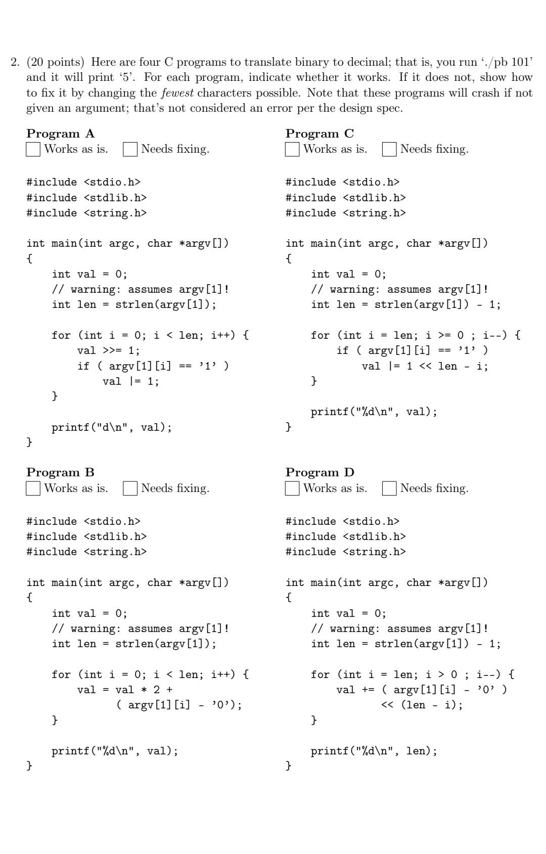 Solved 2. (20 points) Here are four C programs to translate | Chegg.com