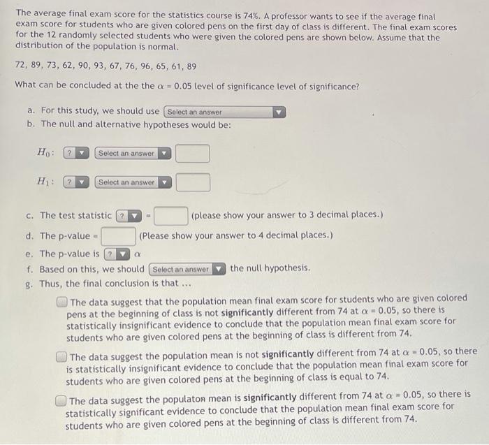 Solved The average final exam score for the statistics | Chegg.com