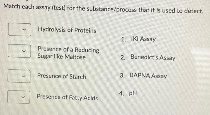 Solved Match each assay (test) for the substance/process | Chegg.com