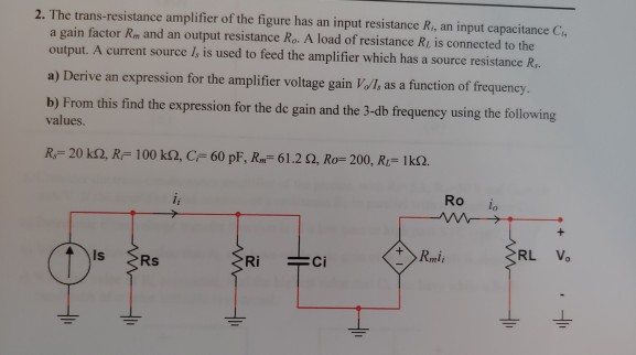 Solved 2. The trans-resistance amplifier of the figure has | Chegg.com