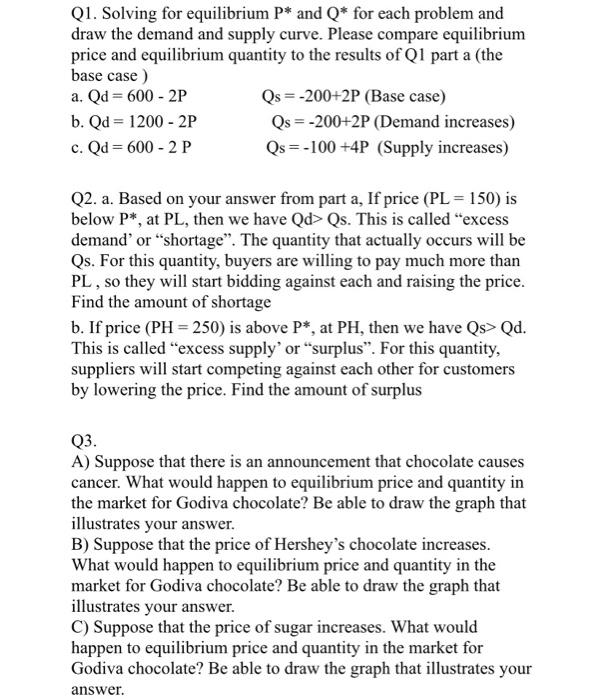 Solved Q1. Solving for equilibrium P* and Q* for each | Chegg.com
