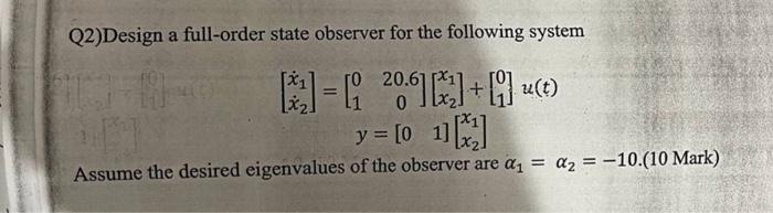 Solved Q2)Design a full-order state observer for the | Chegg.com