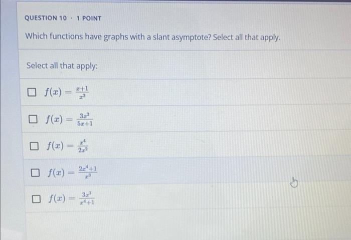 Solved QUESTION 10 Which functions have graphs with a slant | Chegg.com