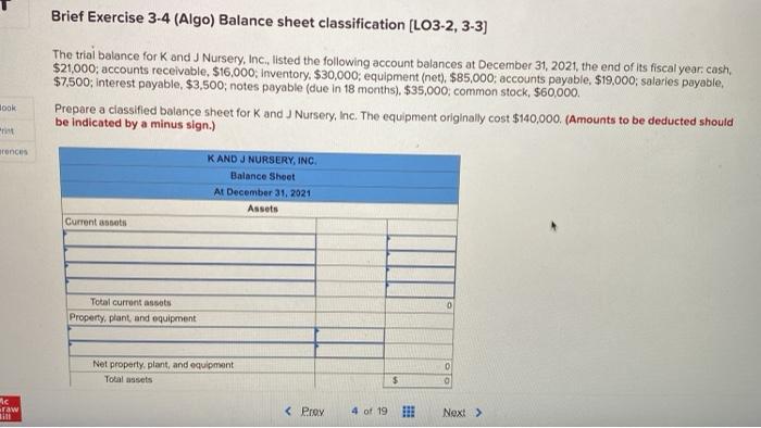 Solved Brief Exercise 3-4 (Algo) Balance sheet | Chegg.com