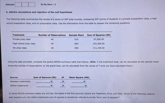 Solved 5. ANOVA calculations and rejection of the null | Chegg.com