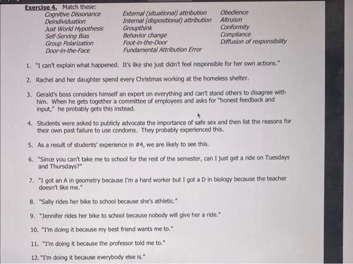 Solved Exercise 4. Match these: Cognitive Dissonance | Chegg.com