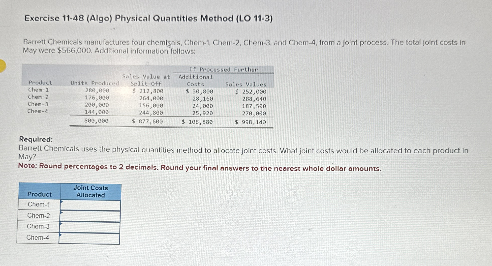 Exercise 11-48 (Algo) ﻿Physical Quantities Method (LO | Chegg.com
