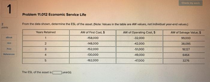 Solved Check 1 Problem 11.012 Economic Service Life 2 points | Chegg.com