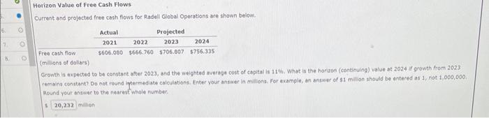Solved Horizon Value of Free Cash Flows Current and | Chegg.com