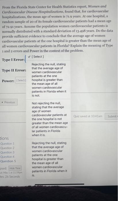 Solved From the Florida State Center for Health Statistics | Chegg.com