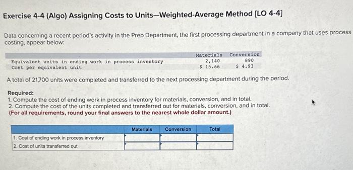 Solved Exercise 4-4 (Algo) Assigning Costs to | Chegg.com Solved Exercise 4-4 (Algo) Assigning Costs to | Chegg.com