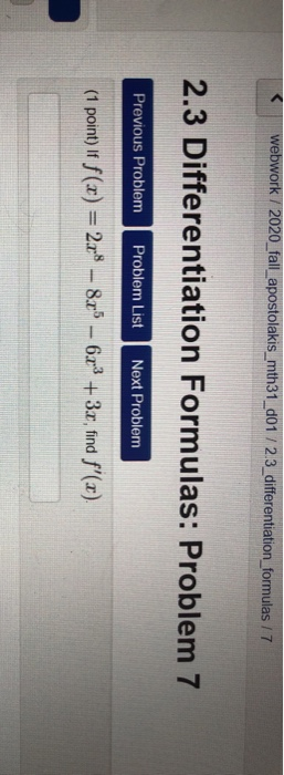 Solved 2.3 Differentiation Formulas: Problem 4 Previous | Chegg.com