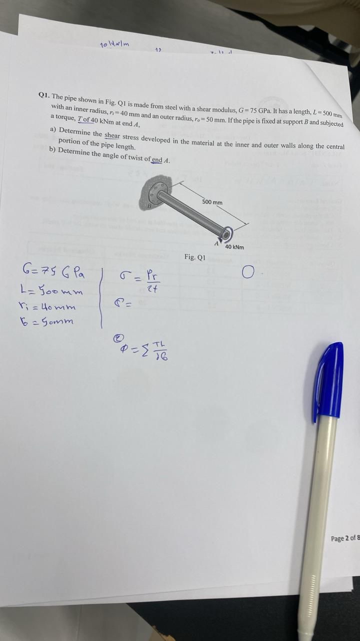 Solved 10|4N|mQ1. ﻿The pipe shown in Fig. Q1 ﻿is made from | Chegg.com