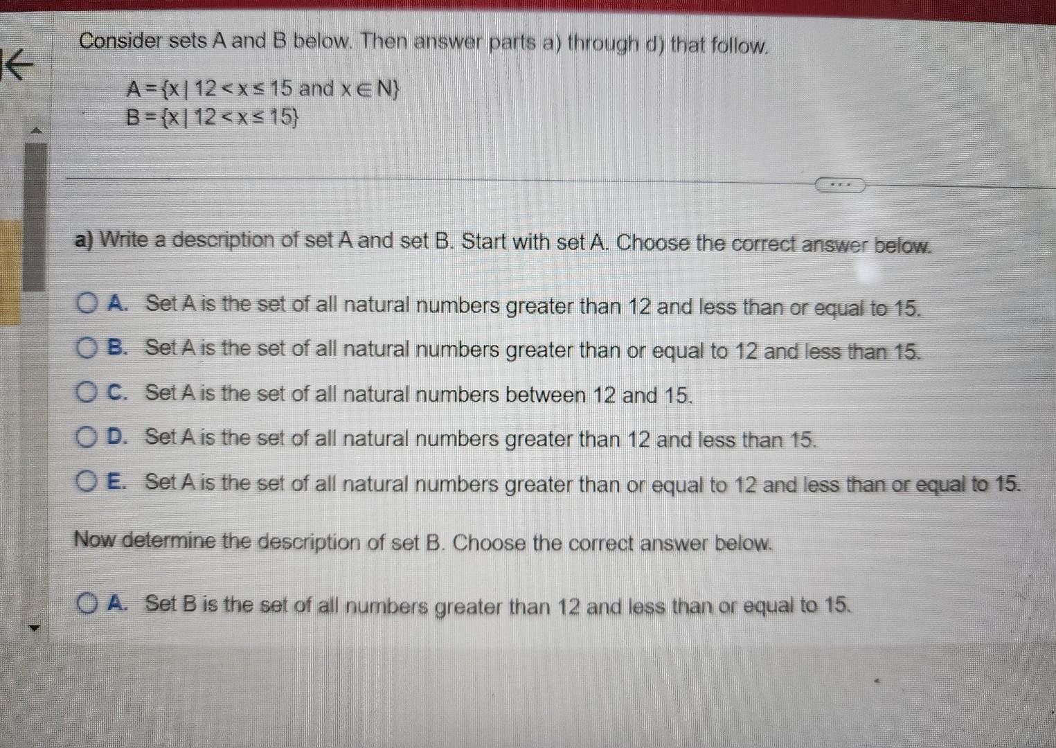 Solved Consider sets A and B below. Then answer parts a) | Chegg.com
