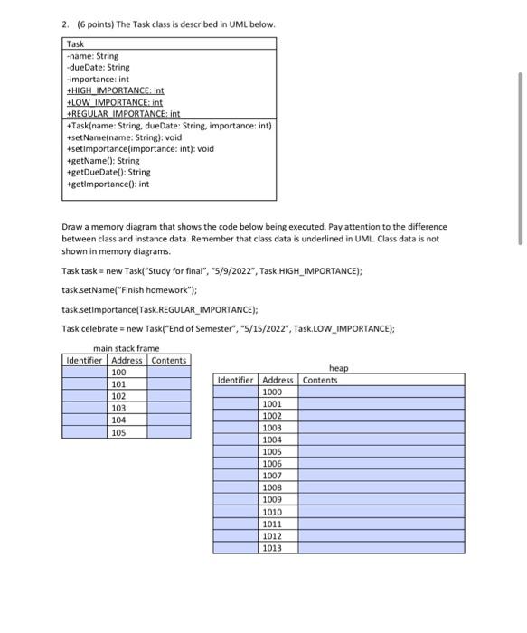 Solved 2. (6 points) The Task class is described in UML | Chegg.com