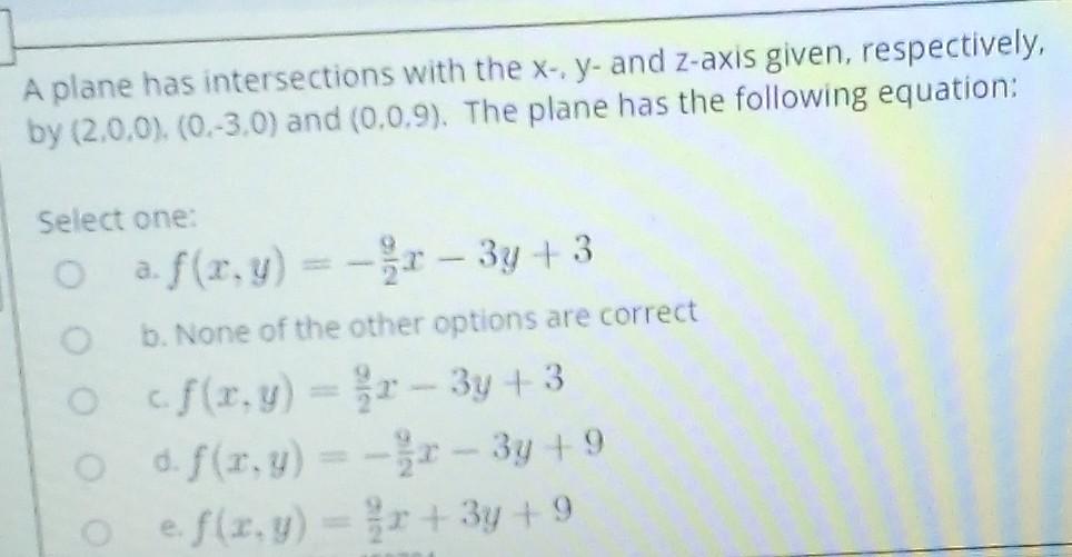 Solved A plane has intersections with the x- y-and z-axis | Chegg.com