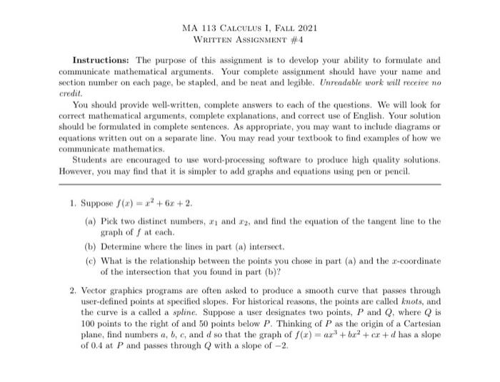 MA 113 CALCULUS I, FALL 2021 WRITTEN ASSIGNMENT #4 | Chegg.com