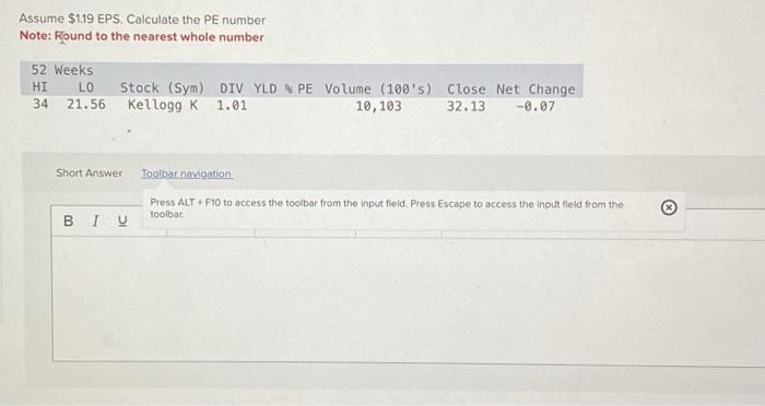 Solved Assume $1.19 EPS. Calculate the PE number Note: Round | Chegg.com