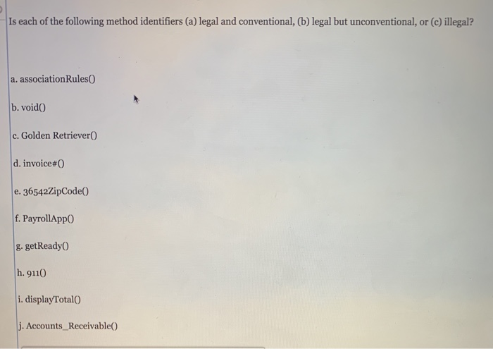Solved Is each of the following method identifiers (a) legal | Chegg.com