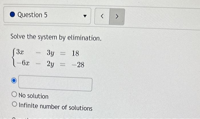 Solved Solve the system by elimination. {3x−3y=18−6x−2y=−28 | Chegg.com