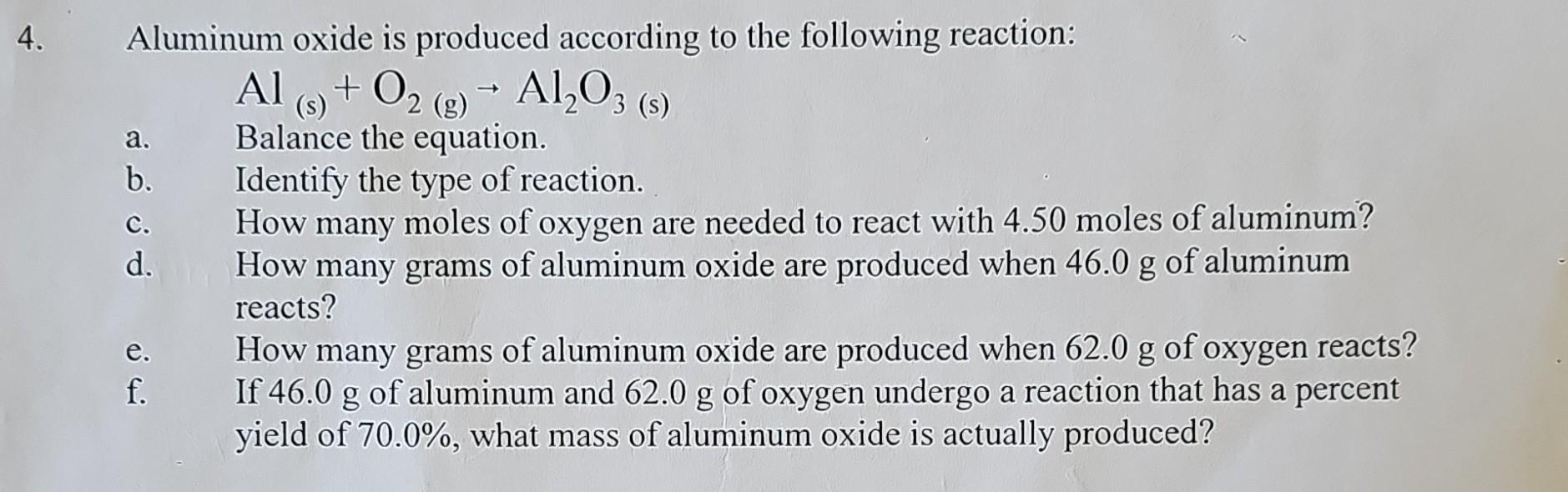 Solved Aluminum oxide is produced according to the following | Chegg.com