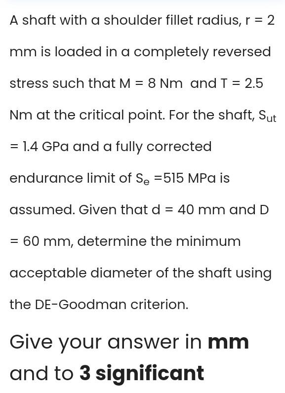 Solved A shaft with a shoulder fillet radius, r = 2 mm is | Chegg.com